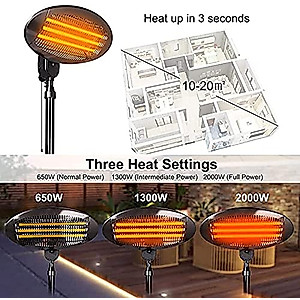NaoSIn-Ni Electric Garden Patio Heater,Outdoor Freestanding Infrared Halogen Heaters 3 Power Levels Adjustment and IP34 Waterproof Anti-Rollover Protection