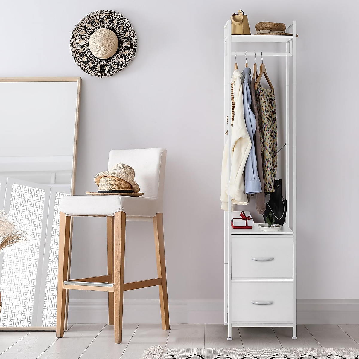 smusei Clothes Rack with Drawers Heavy Duty Garment Rack with Fabric Drawers and Storage Shelves Freestanding Clothing Rack for Bedroom Entryway Living room White