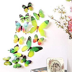 JYPHM 24PCS 3D Butterfly Wall Decal Removable Stickers Decor for Kids Room Decoration Home and Bedroom Art Mural Green