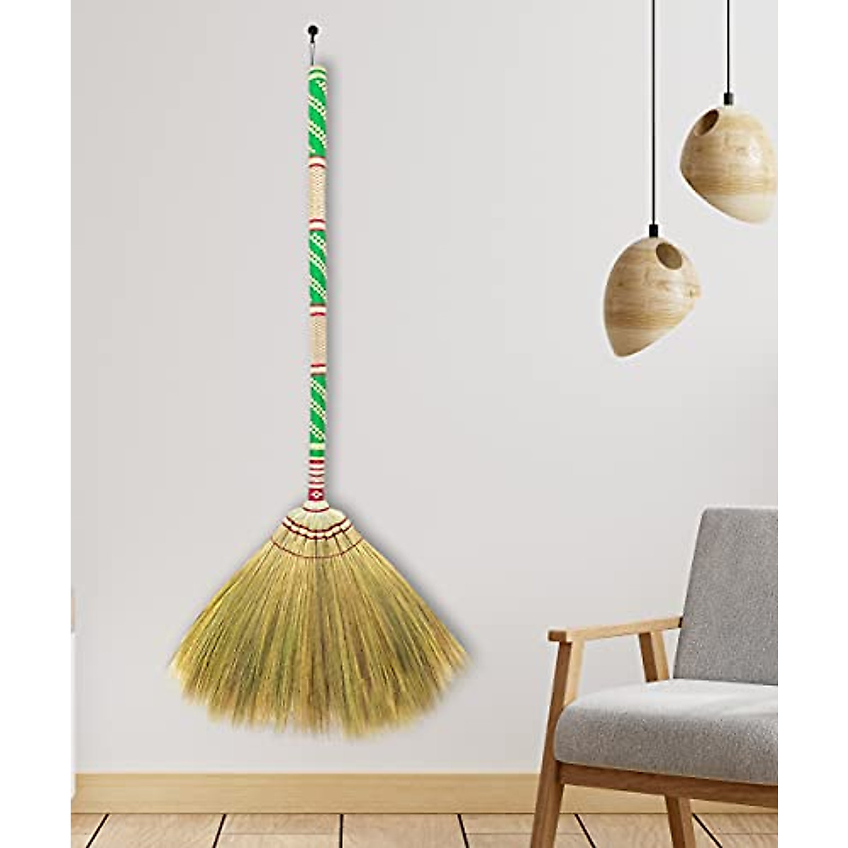 Natural Grass Broom for Sweeping Indoor and Outdoor with Brush Power and Circle Cleaning House, Kitchen, Office,Handmade Broom, Embroidered Woven,Housewarming Gifts Asian Broom 40 inch