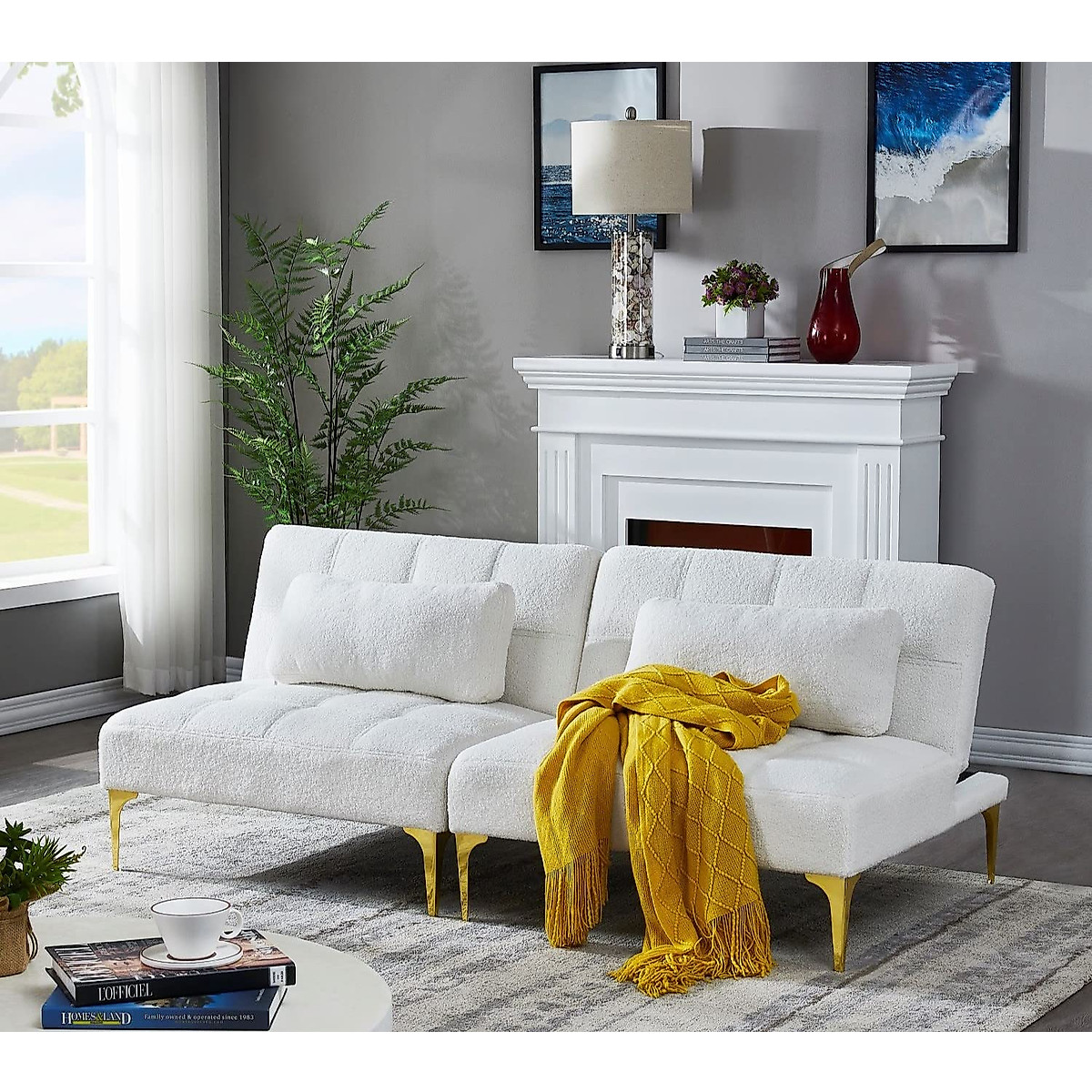 LKTART Convertible Sofa Bed futon with Gold Metal Legs for Living Room Office.White