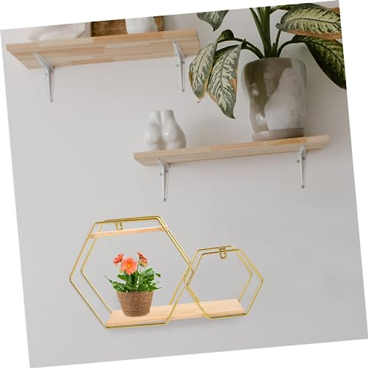 Garneck Modern Style Wall Holder Wall Mounted Floating Shelf Golden Iron Wood Living Room Storage Rack Shelves for Wall Decor
