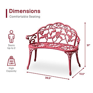 CIPACHO Outdoor Cast Aluminum Patio Bench, Garden Bench with Curved Legs Rose Pattern,Porch Bench Chair for Park Balcony Backyard Outdoor Furniture (Red)