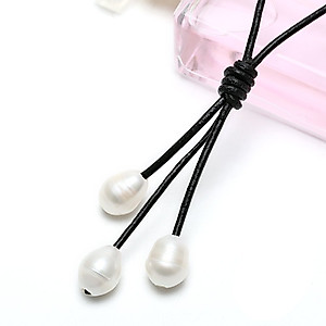 Pearlypearls 3 Freshwater Pearl Pendant Necklace on Black Leather Cord Jewelry for Women 18''