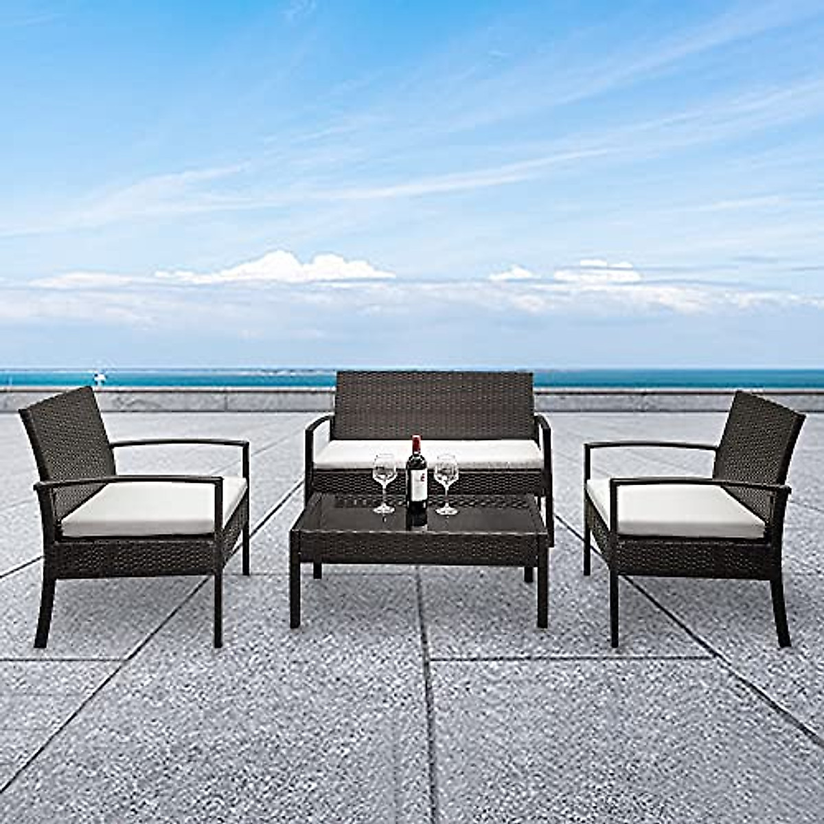 SAWQF in Stock 2pcs Arm Chairs 1pc Love Seat & Tempered Glass Coffee Table Rattan Sofa Set Brown Gradient Patio Outdoor Furniture Set