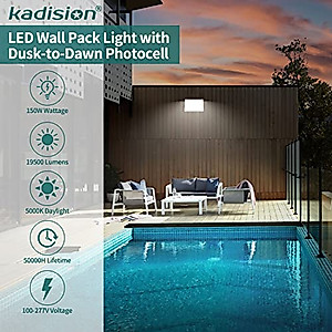 kadision LED Wall Pack Light with Photocell, 150W 19500LM 5000K Daylight 100-277V IP65 Waterproof, Dusk to Dawn Outdoor Lighting Fixture, ETL Listed