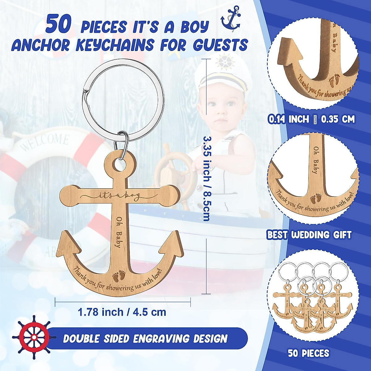 Menkxi 50 Set It's a Boy Anchor Keychain 50 Nautical Baby Shower Thank You Cards and Organza Bags for Baby Shower Nautical Party Gifts Ocean Wedding Favors