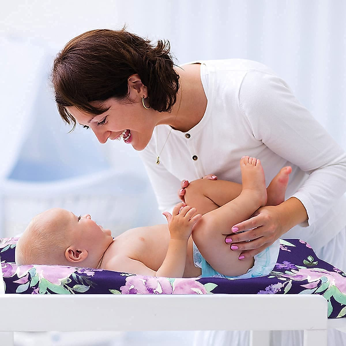 Girl Crib Sheet and Changing Pad Cover, Purple Flower Nursery Bedding, Flower Sheets for Baby Toddler Mattress