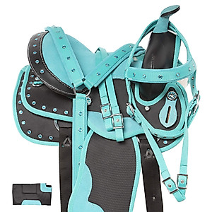 Acerugs 10" 12" 13" Synthetic Western Youth Kids SEAT Quarter Horse Saddle TACK PAD Headstall REINS Breast Collar Set (Turquoise, 12")