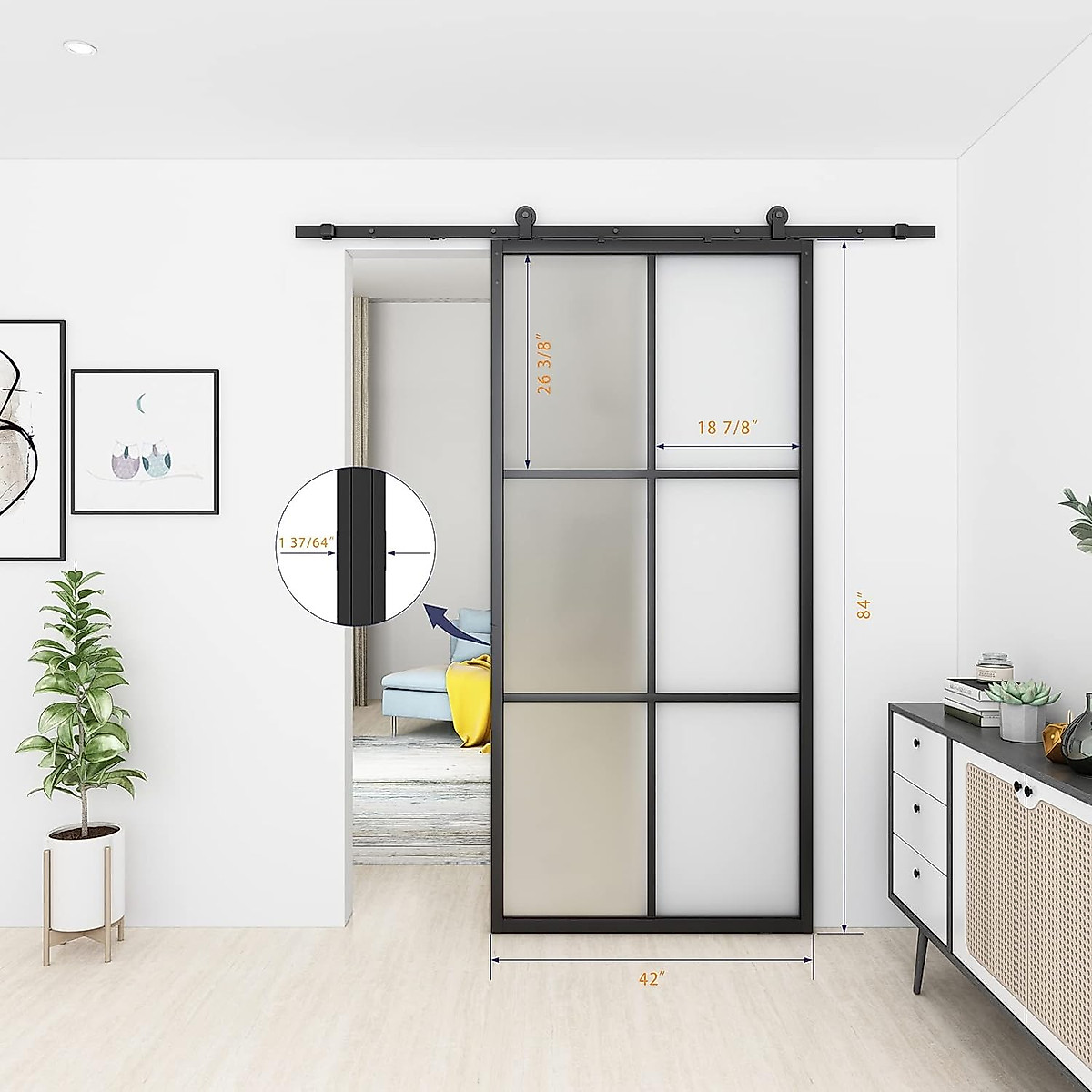 BARNSMITH 36in x 84in Frosted Glass Barn Door with 6.6FT Top Mounted Hardware kit DIY 6 Lites Tempered Glass Modern Aluminum Sliding Door Disassembled Easy Installation