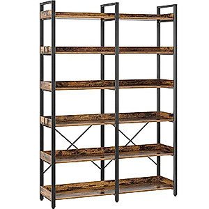 Seventable Bookshelf 6 Tier with 4 Hooks, 69” Industrial Wooden Bookcase, Vintage Storage Rack with Open Shelves, Rustic Standing Bookshelves Metal Frame 47.3” Wide Display Rack, Rustic Brown