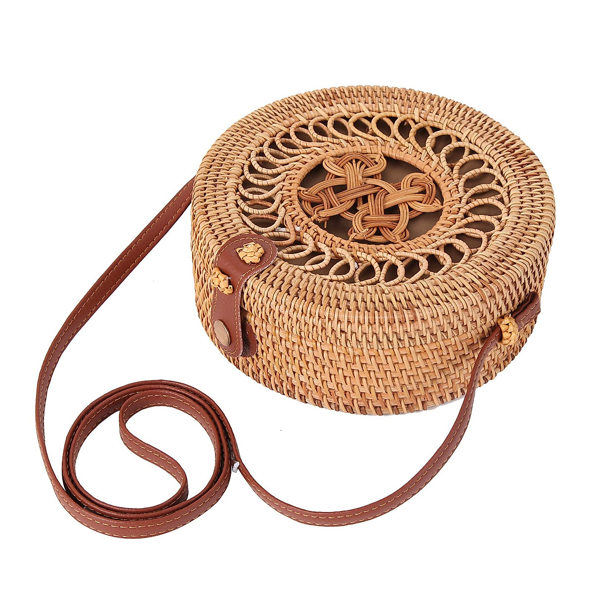 RIANGIE Beach Bag for Women Boho Bag Crossbody Purse Rattan Handwoven Round with Leather Strap