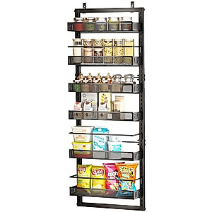 Spice Rack Over the Door Pantry Organizer - 6 Tier Metal Adjustable Hanging Spice Organization for Pantry, Space Saving Pantry Door Storage for Kitchen, Black