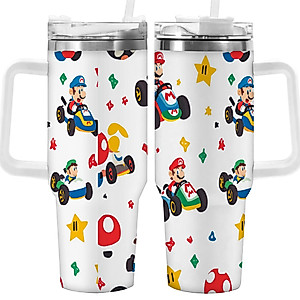 FOCIUZTA 40oz Playful Mario Kart Pattern Tumbler with Lid, Travel Coffee Cup, Ideal for Easter, Gaming Enthusiast, Mother Day, and Birthday Gifts