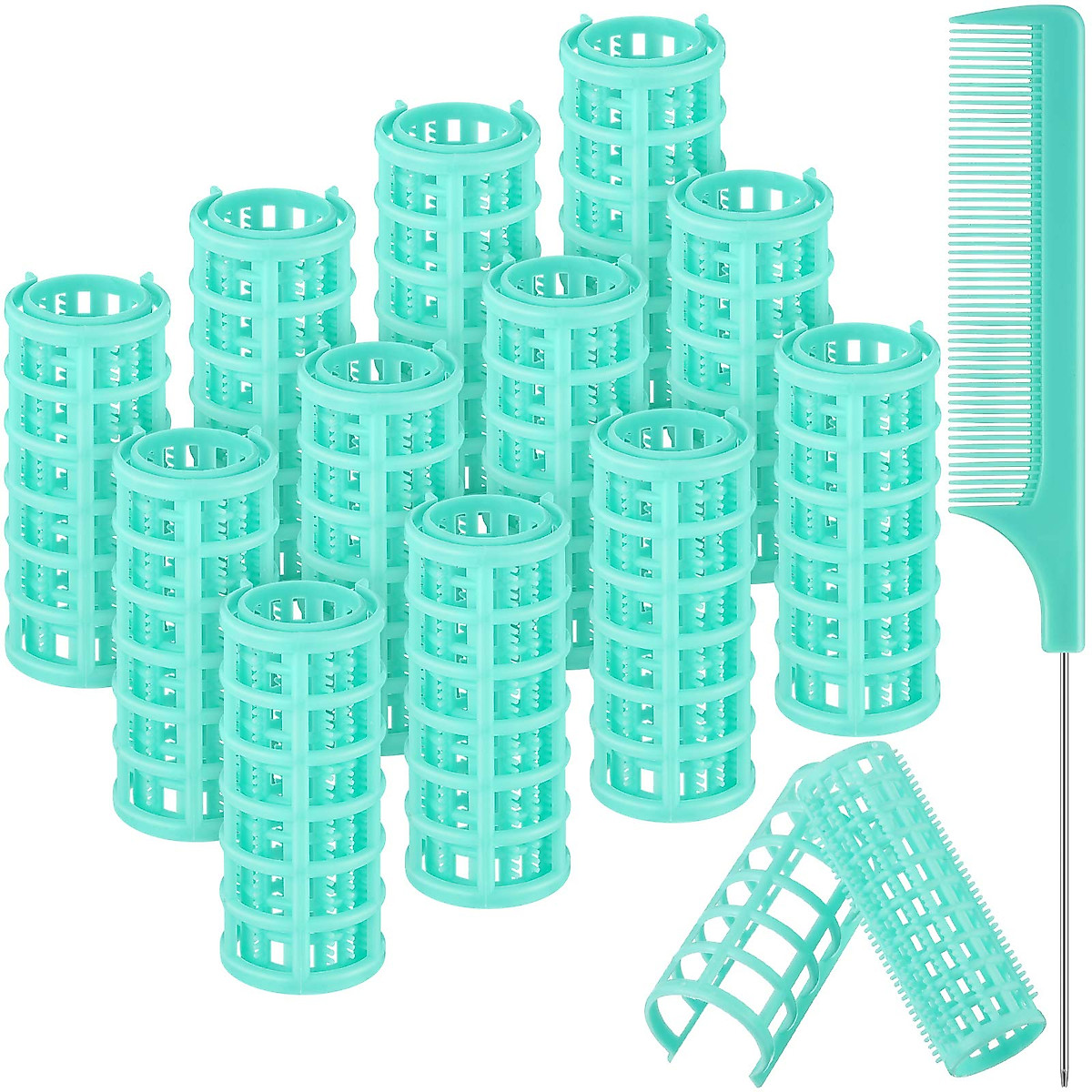 Syhood 12 Pieces Snap Hair Roller, Large Size Plastic Hair Rollers Curlers with Rat Tail Comb for Hairdressing Styling Tools(6.8 x 2.5 cm,Light Green)