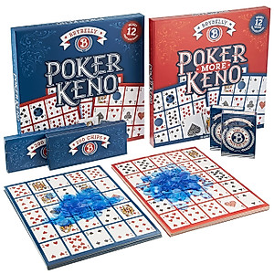 MBGBrybelly Poker Keno and More Poker Keno Bundle - 24 Players Complete Game and Expansion Pack - 24 Game Boards, 2 Decks of Cards, 400 Plastic Blue Bingo Chips - Family Game Night Casino Gift