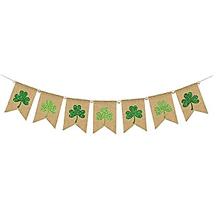 Whaline St. Patrick's Day Banner with Wooden Beads Glitter Green Shamrock Garland Burlap Banner Pre-Assembled Wooden Beads Clover Banner Fireplace Wall Hanging for Party Home Decoration