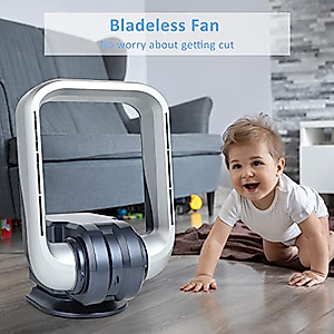 InfiniPower Wall Mounted Fan Bladeless with Remote Controller, 2-in-1 No Leaf Heater & Fan Combo with Rotatable Head, 9-Hour Timing, 3 Gear Normal & Heating Airflow Adjustable, Grey, 15.7 "