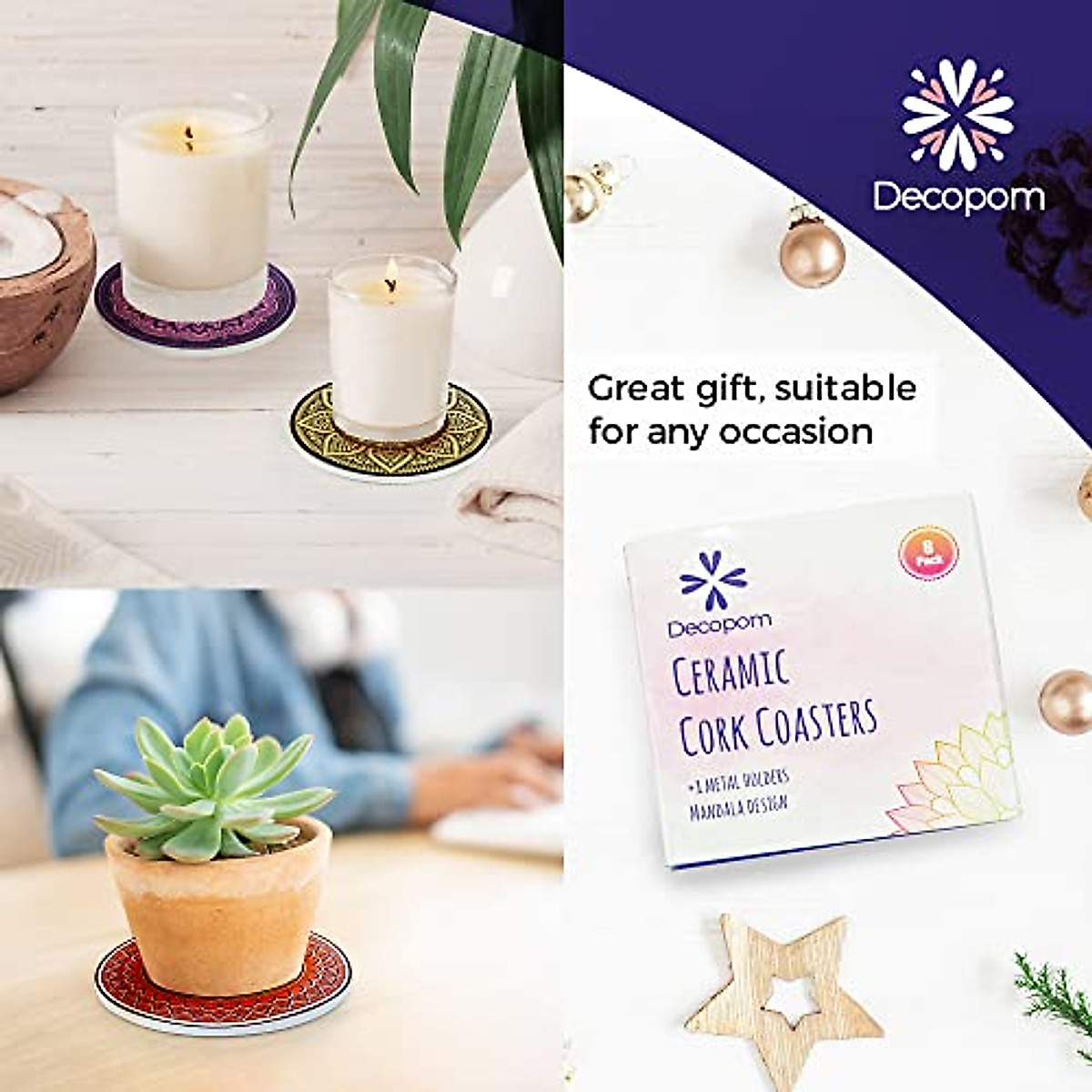 Mandala Drink Coasters with Holder - 8 Set Ceramic Boho Coasters for Drinks Absorbent with Cork Base and Black Holder - Coasters for Coffee Table Apartment Wooden Bar Mug Glasses Cup Beer