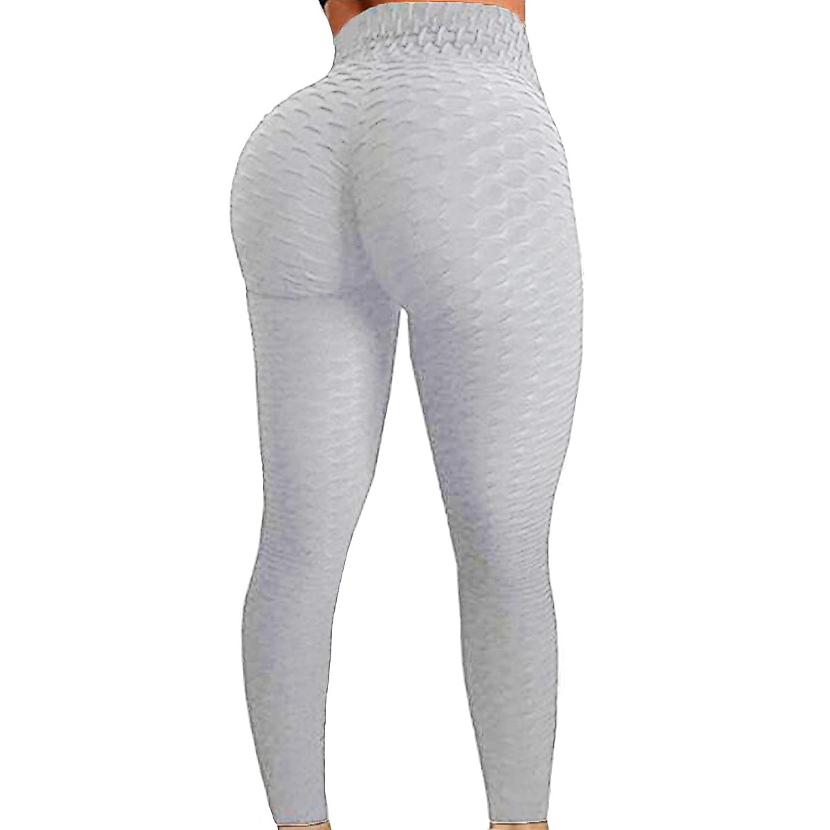 FITTOO Womens High Waist Textured Workout Leggings Booty Scrunch Yoga Pants Slimming Ruched Tights Light Grey XL