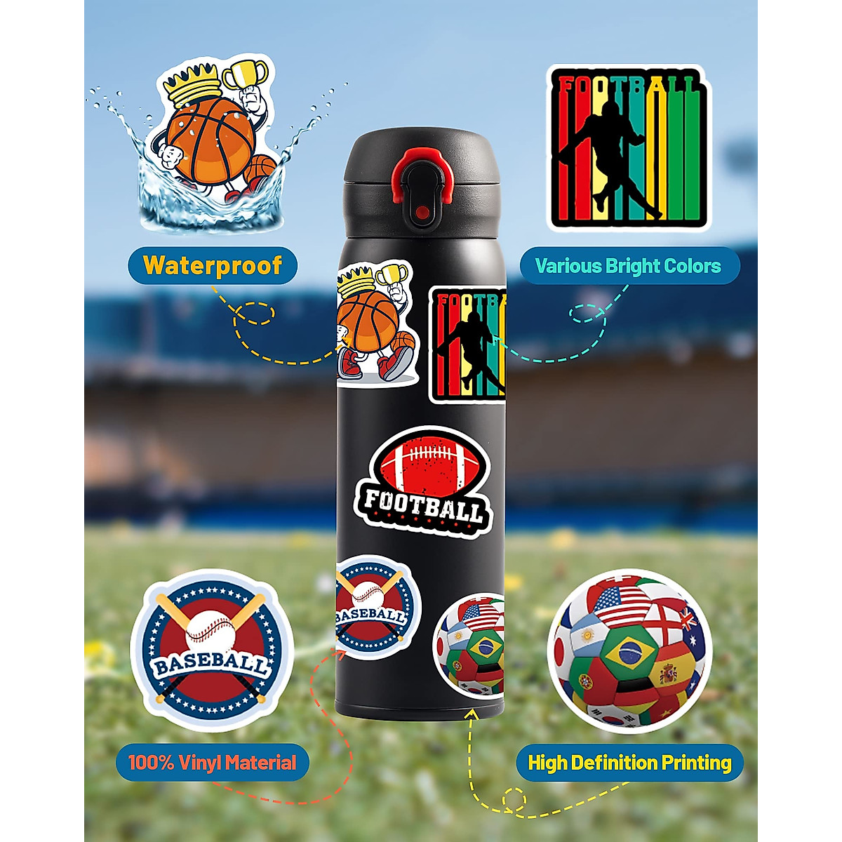 pcnearty 300 Pcs Sport Stickers for Kids, Water Bottle Stickers, Cute Vinyl Waterproof Hydroflask Phone Skateboard Laptop Stickers, Bulk Sticker Packs for Boys Girls Teens Adults