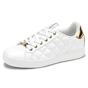 LUCKY STEP Women‘s Fashion Sneakers Classic Casual Tennis Lace up PU Leather Walking Shoes Comfortable Non Slip Sneakers(White,9B(M) US)