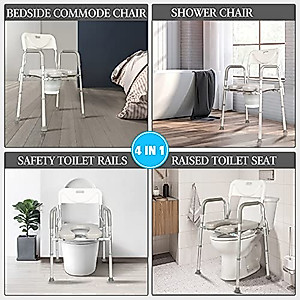 4-in-1 Raised Toilet Seat with Handles and Backrest, Bedside Commode Chair with 5L Collapsible Bucket, 330lbs Stand Alone Raised Toilet Seat, Toilet Safety Frame for Elderly, Pregnant, Disabled