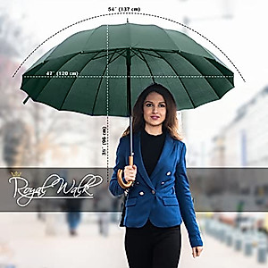 Royal Walk Large Windproof Umbrella for 2 People, 54 Inch, Dark Green, Auto Open, Wooden Handle, 16 Ribs, Travel Size