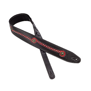 Walker & Williams Black & Red Western Style Padded Guitar Strap with Chrome and Brass Studs For Acoustic, Electric, And Bass Guitars