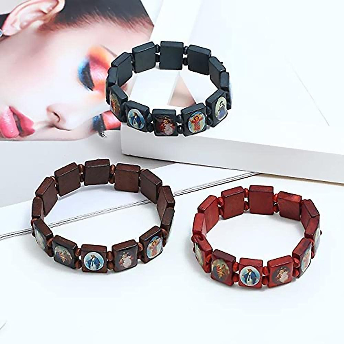 4 Pcs Wooden Rosary Jesus Bracelet Stretch Bangle, Strechable Small Panel Bracelet, with Pictures of Religious Saints Catholic Holy Gods Goddess Prayer Manifestation Bracelet