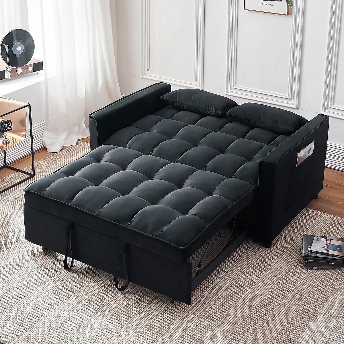 FENFSHE Contemporary Velvet Futon Sofa Bed with Adjustable Backrest, Storage Pockets, and Pillows - Ideal for Living Room or Bedroom (Black)