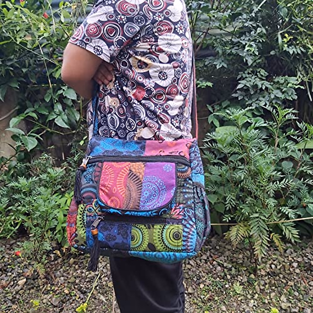Fwosi Boho Shoulder School Tote Bags - Unisex, Lightweight Crossbody Messenger Bag - 4 Compartments, Adjustable Strap, Zipper Closure - Embroidered Purse Hippie Sling Patchwork Bag