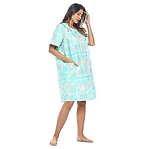Casual Nights Women's Snap - Front House Dress Short Sleeve SeerSucker Woven Housecoat Duster Lounger Robe with Pockets, Plaid Mint, X-Large