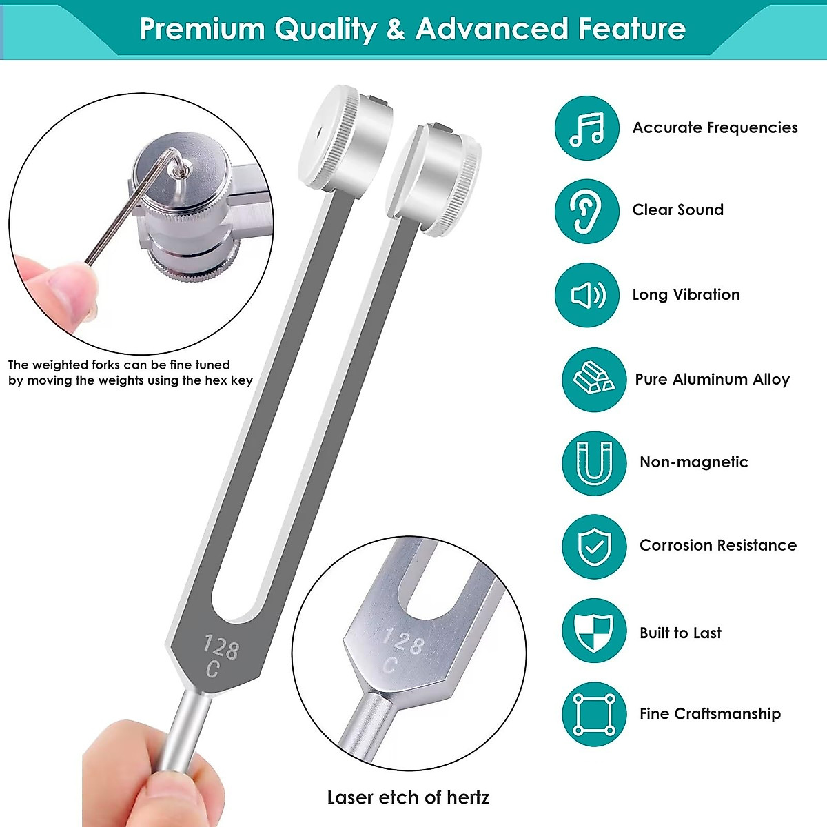 4Pcs Tuning Fork Medical Sound Healing Set(128Hz, OM 136.1Hz, MI 528Hz, 4096Hz), Tuning Fork Chakra Solfeggio Meditation Biofield Heart Aluminum Weighted Otto Body Tuner Angel Activator Hammer Mallet