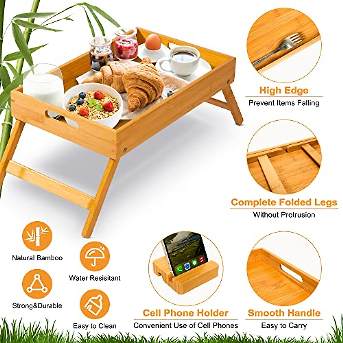 Bellsal Small Bed Tray Table with Folding Legs for Eating Serving Tray with Handles Food Tray Tables Comes with Phone Holder Portable Snack Platter for Bedroom Hospital Picnic