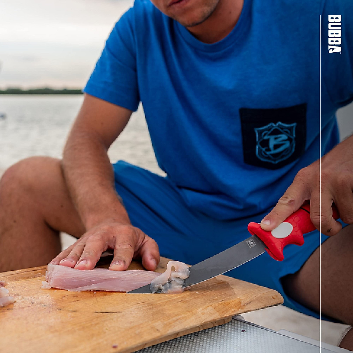 BUBBA 7" Tapered Flex Folding Knife with Non-Slip Grip Handle, Offset Full Tang Stainless Steel Blade, Lanyard Hole and Synthetic Sheath for Fishing