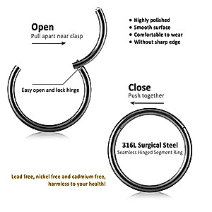 Funtopia 12 Pcs Hoop Nose Rings, 18g 316L Surgical Steel Hinged Nose Rings Hoop for Women Men, Septum Rings Cartilage Lip Rings Body Piercing Jewelry, Silver, Gold, Black, Rose Gold (7mm 8mm 9mm)