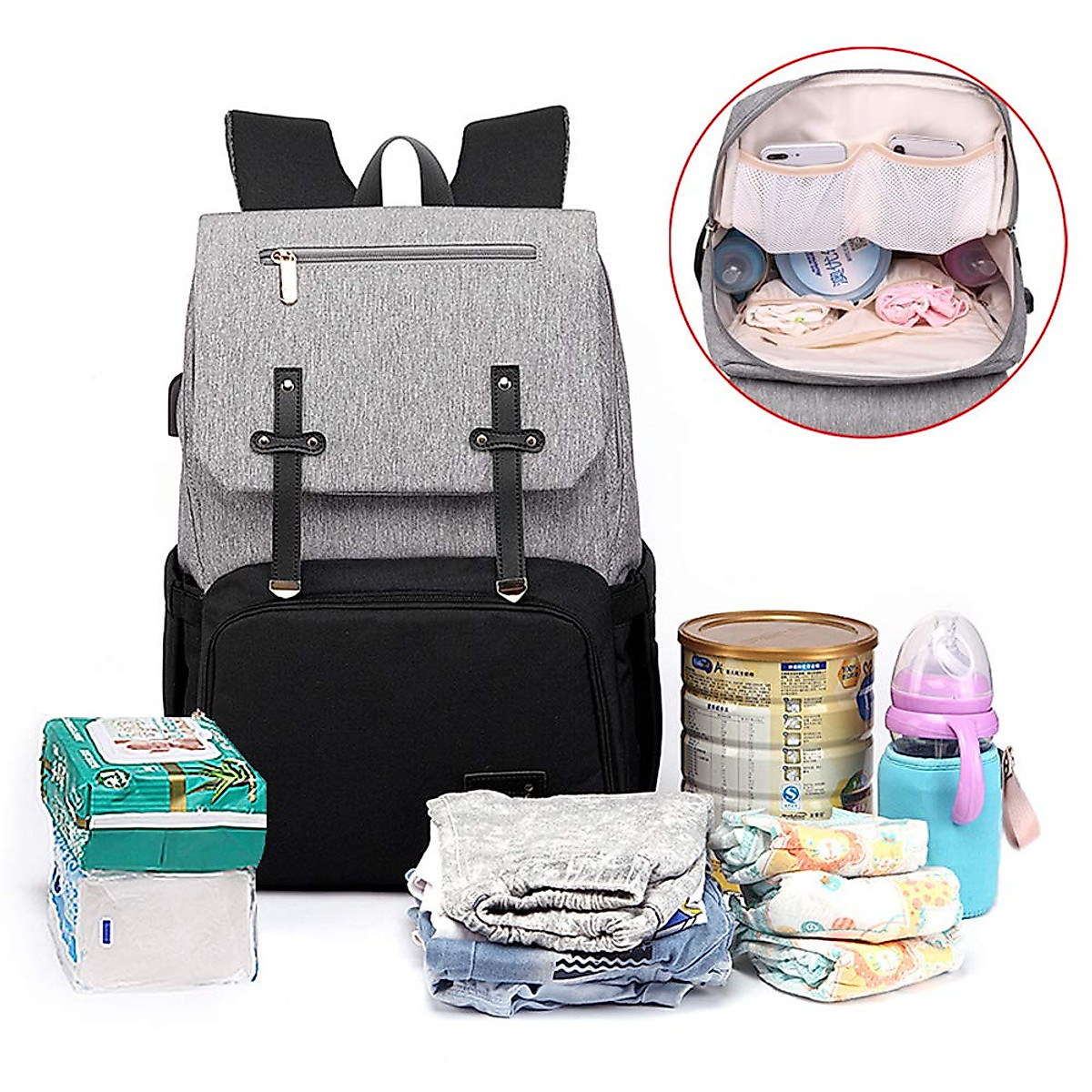 Mummy Diaper Bag Backpack Multi-Function Waterproof Travel Nappy Bags for Baby Care, Large Capacity, Stylish and Durable, USB Charging Port for Bottle Warmer, Black-Grey