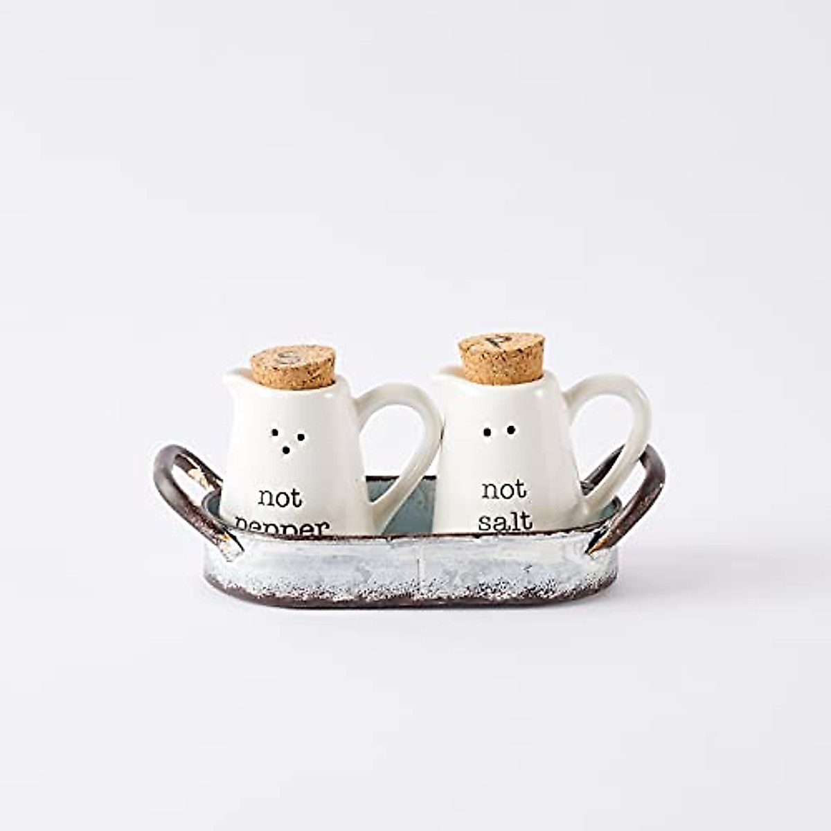 Mud Pie Farmhouse Inspired Ceramic Aluminum Salt and Pepper Caddy Set, One size, White
