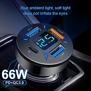 Ankuee 4 Ports USB Car Charger Adapter, Auto Portable PD 3.1/QC 3.0 Fast Charge Cigarette Lighter with Flush Fit Charging Plug, Compatible with iPhone 14 13 12, Samsung, S22 S21 (PD20W+QC3.0+2*2.4A)