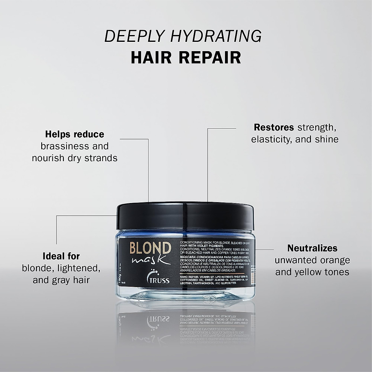 TRUSS Blond Mask - Hydrating Blonde Hair Mask + Purple Toner for Brassy Hair - Neutralizes Orange + Yellow Tones on Blonde, Bleached + Gray Hair - (6.35 oz)