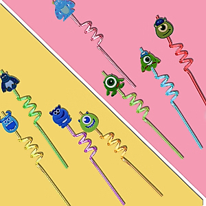 24Pcs Monsters Inc Birthday Party Supplies Reusable Drinking Straws,8 Designs Monsters Inc Party Favors with 2 Cleaning Brush