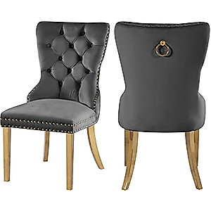 Meridian Furniture Carmen Collection Velvet Upholstered Dining Chair with Sturdy Gold Metal Legs, Set of 2, Grey