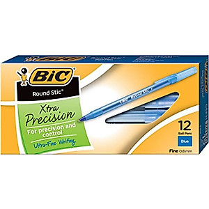 BIC Round Stic Xtra Precision Ballpoint Pen, Fine Point (0.8mm), Blue, 12-Count