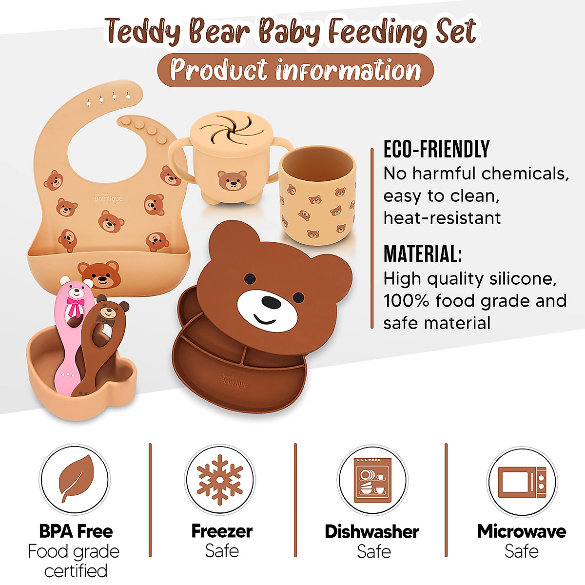 THE BABY BOUTIQUE Baby Led Weaning Supplies - 7 PCS Teddy Bear Silicone Baby Feeding Set : Suction bowl, Baby utensils, Plate, Bib, Snack cup and Drinking cup - Perfect Complement for Nutribullet Baby