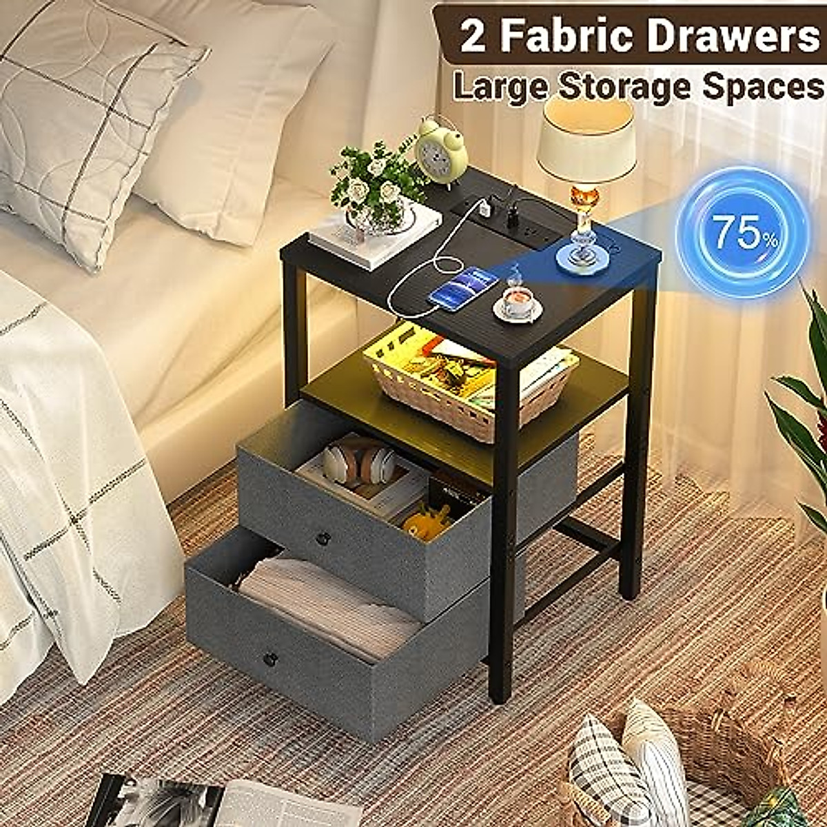 Cyclysio Night Stands Set of 2 with Charging Station, Night Stand with LED Lights, 25.6'' End Table Bedside Tables with 2 Drawers, 3 Tier Tall Night Stand with Storage for Bedroom Living Room, Black