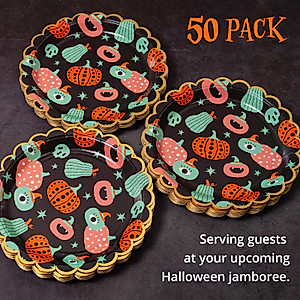 Confettiville Halloween Paper Plates, 50-Count Disposable Halloween Dinner Plates, Scalloped, Party Supplies, Funky Pumpkins, Black