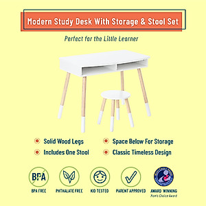 Wildkin Kids Premium Homework Desk with Storage and Stool Set for Boys and Girls, Includes One Matching Stool, Classic Timeless Design Features Solid Wood Legs (White w/Natural)