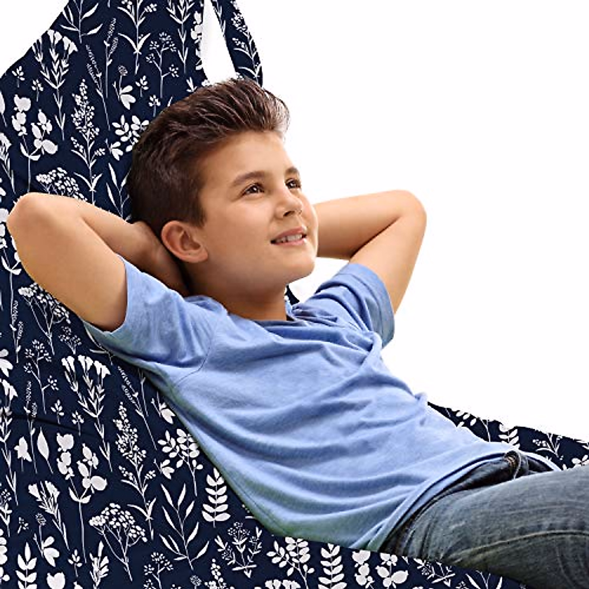 Lunarable Leaves Lounger Chair Bag, Monochrome Flower Silhouette Pattern on Dark Background Hand Drawn Meadow, High Capacity Storage with Handle Container, Lounger Size, Dark Blue and White