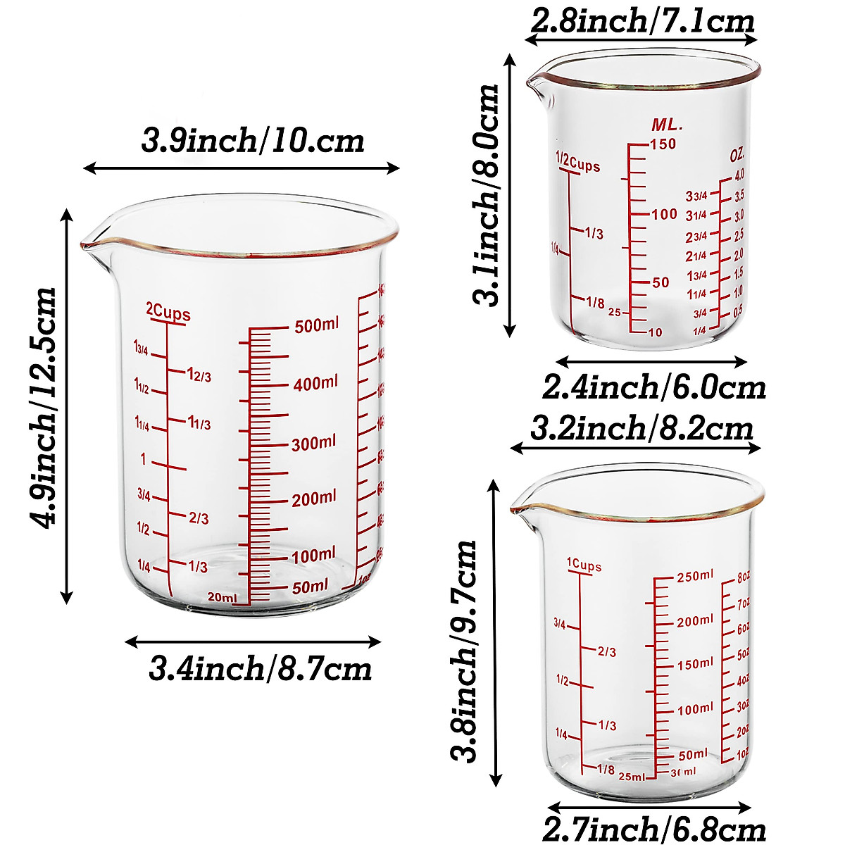3 Piece Glass Measuring Cup Set, Includes 1/2-Cup, 1-Cup, and 2-Cup High Borosilicate Glasss Liquid Measuring Cups, Dishwasher, Freezer, Microwave, and Preheated Oven Safe, Essential Kitchen Tools